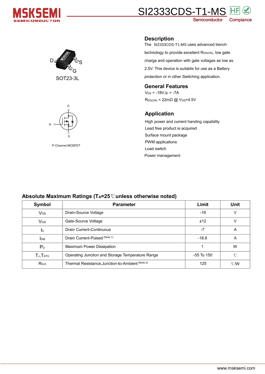 SI2333CDS-T1-MS_（MSKSEMI(美森科)）SI2333CDS-T1-MS中文资料_价格_PDF手册-立创电子商城