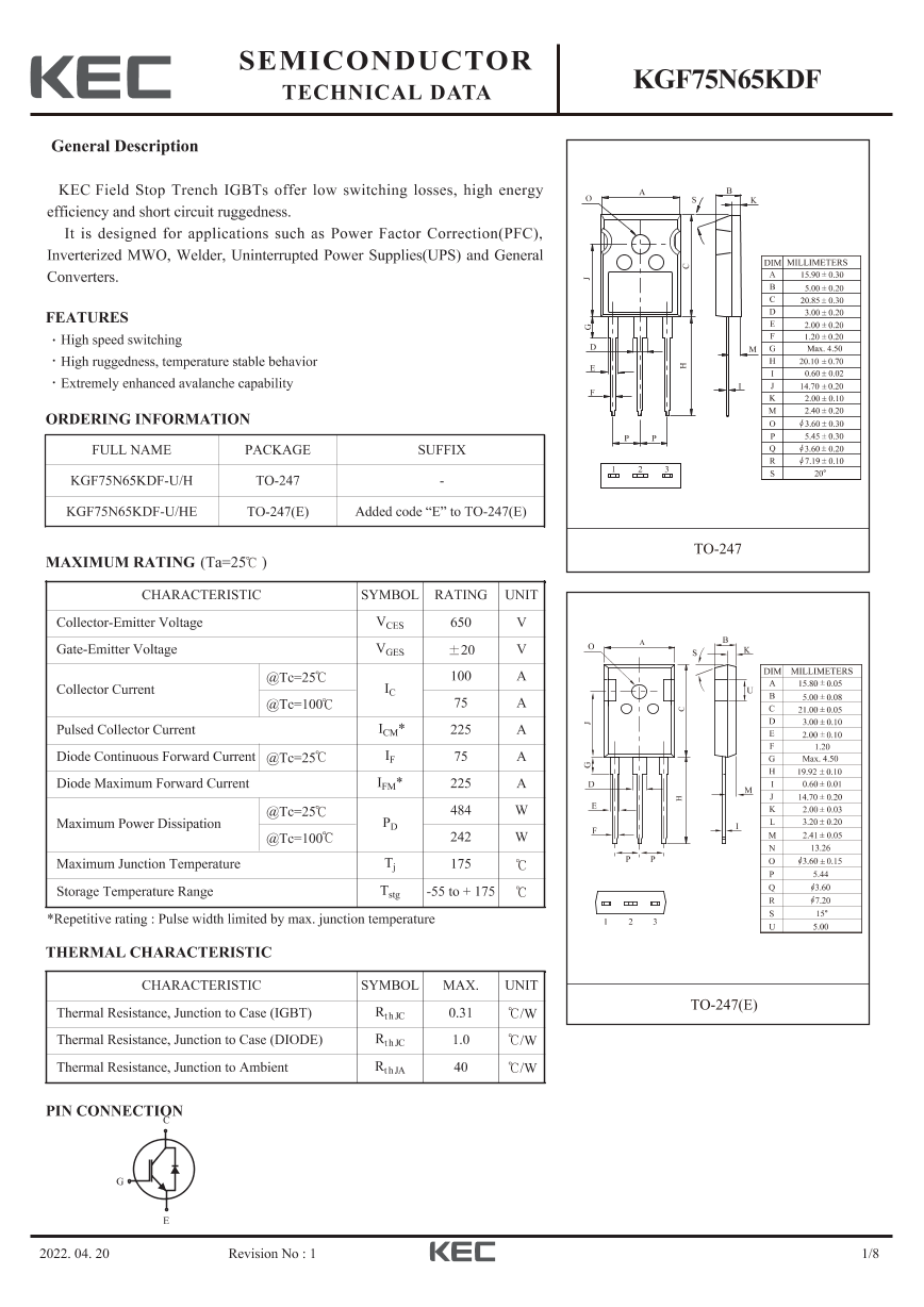 KGF75N65KDF-U/H_（KEC）KGF75N65KDF-U/H中文资料_价格_PDF手册-立创电子商城