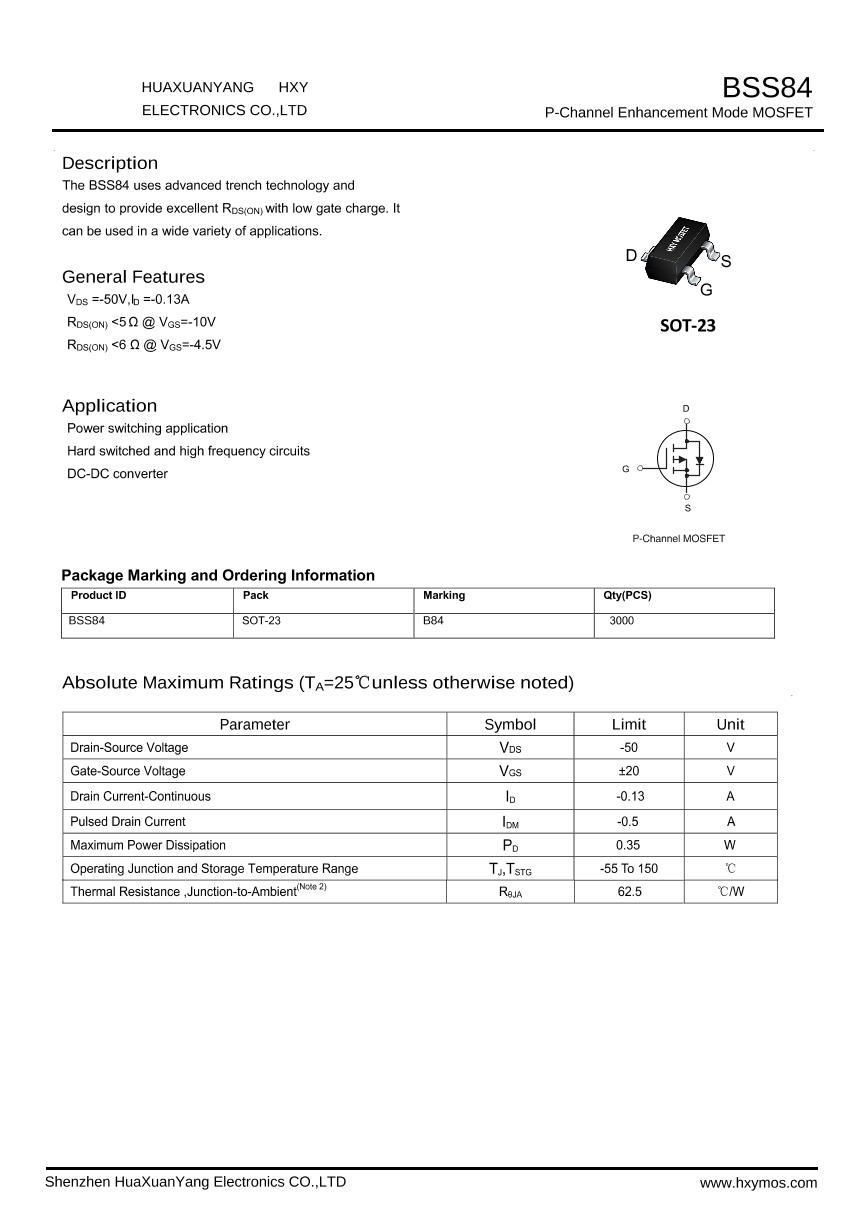 BSS84_（HXY MOSFET(华轩阳电子)）BSS84中文资料_价格_PDF手册-立创电子商城