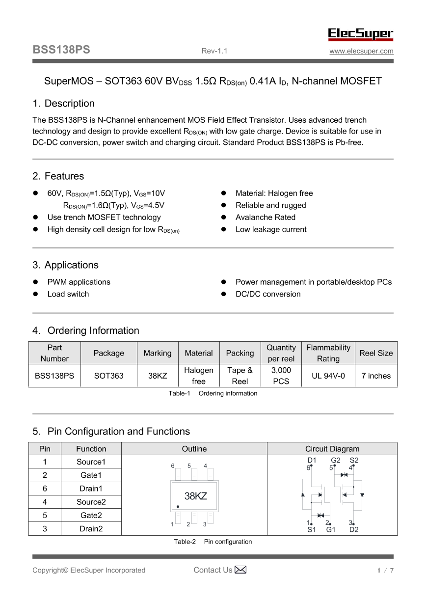 BSS138PS_（ElecSuper(静芯微））BSS138PS中文资料_价格_PDF手册-立创电子商城