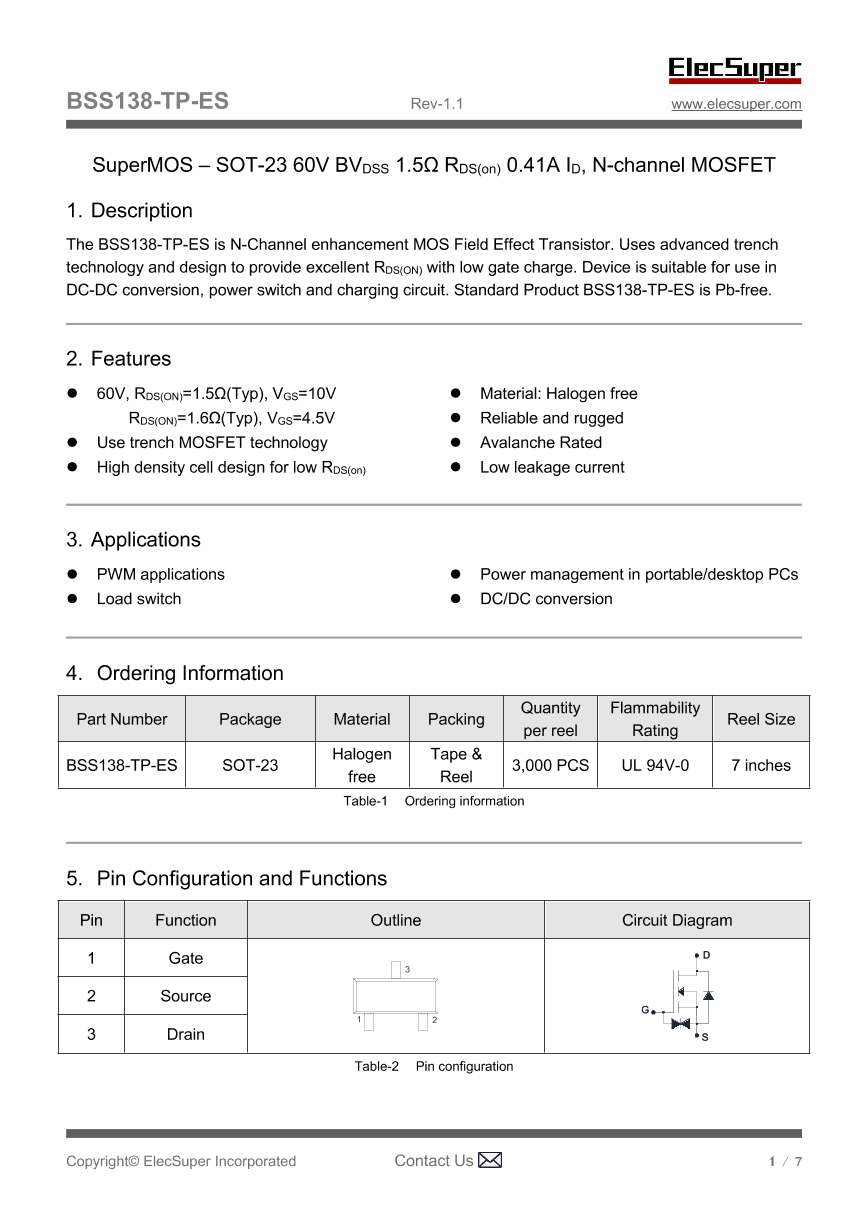 BSS138-TP-ES_（ElecSuper(静芯微））BSS138-TP-ES中文资料_价格_PDF手册-立创电子商城