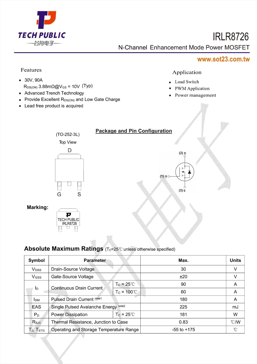 IRLR8726_（TECH PUBLIC(台舟)）IRLR8726中文资料_价格_PDF手册-立创电子商城