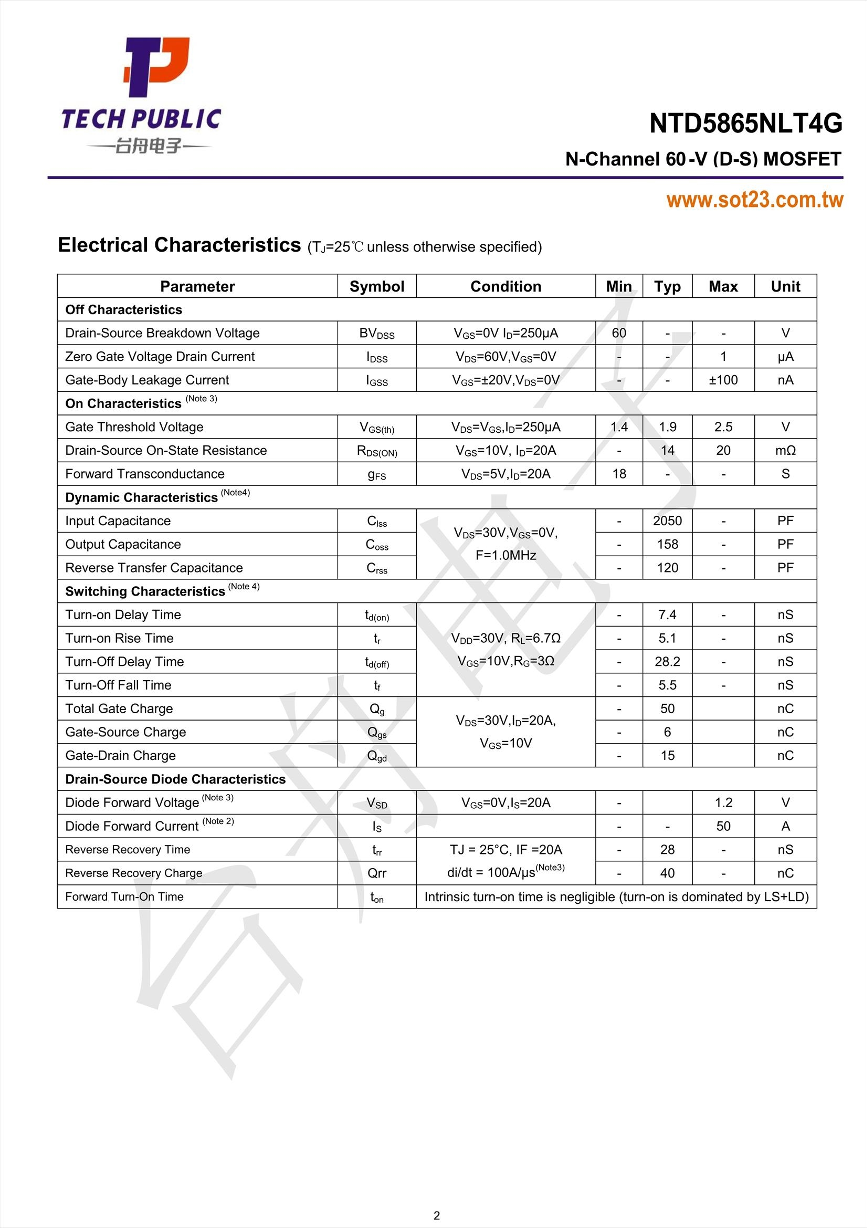 NTD5865NLT4G_（TECH PUBLIC(台舟)）NTD5865NLT4G中文资料_价格_PDF手册-立创电子商城