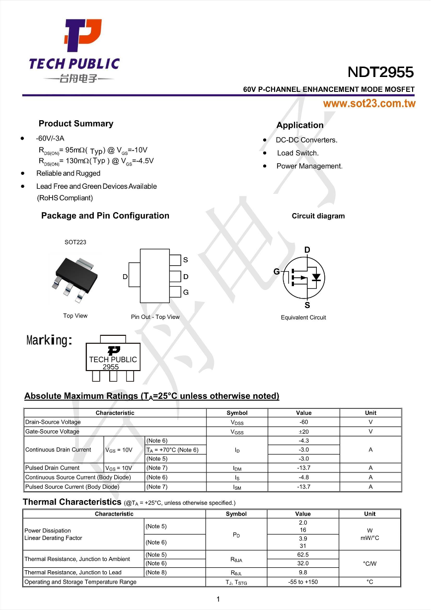 NDT2955_（TECH PUBLIC(台舟)）NDT2955中文资料_价格_PDF手册-立创电子商城