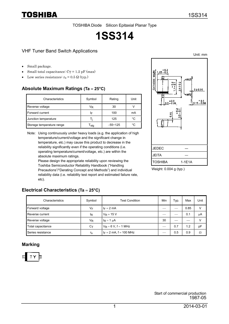 1SS314,H3F_（TOSHIBA(东芝)）1SS314,H3F中文资料_价格_PDF手册-立创电子商城