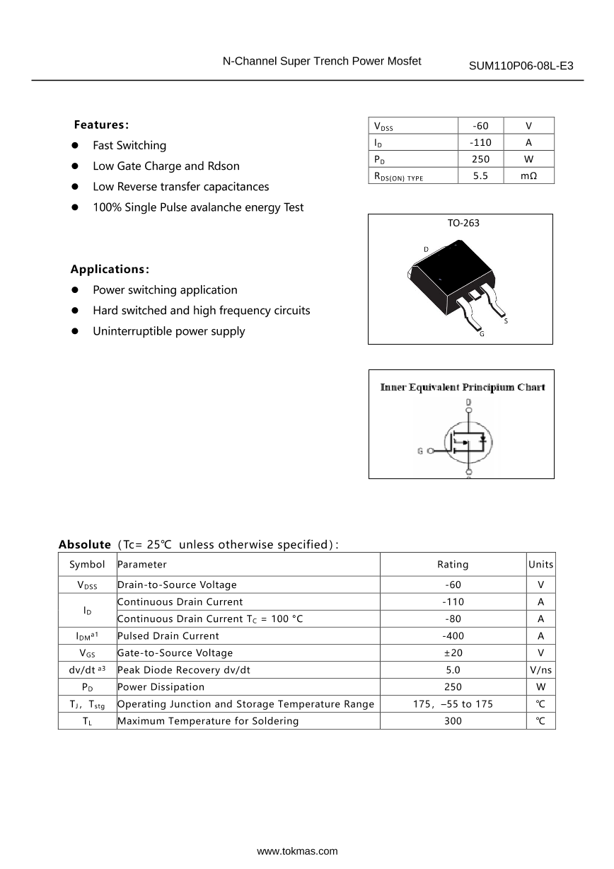 SUM110P06-08L-E3_（Tokmas(托克马斯)）SUM110P06-08L-E3中文资料_价格_PDF手册-立创电子商城