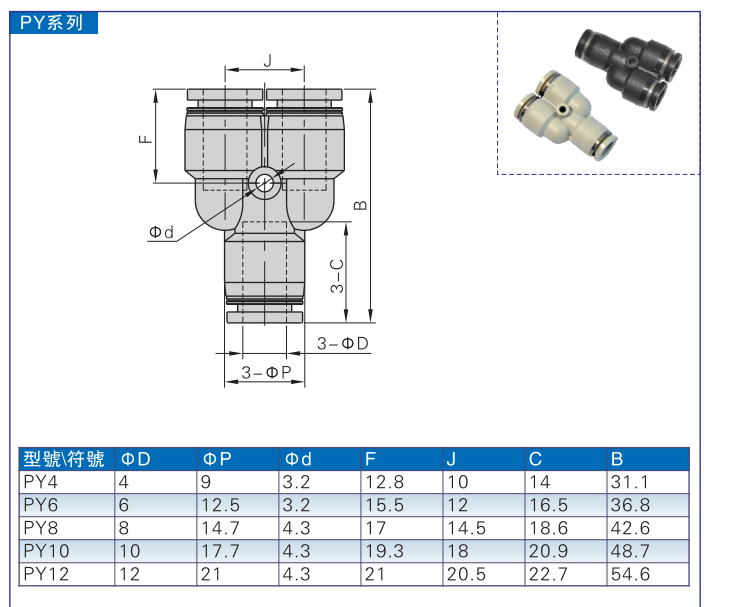 AIRTAC(亚德客) PY系列Y型三通管接头 PY4【价格 采购 图片】-立创MRO工业品